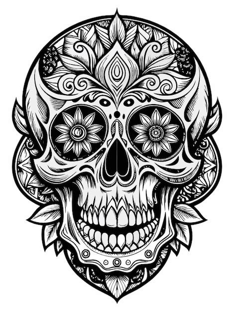 두개골 문신 성인용 컬러링 페이지 검은색과 색 검은색 라인 아트 색 배경에 고립 프리미엄 Ai 생성 벡터