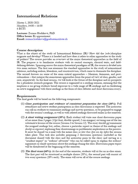 International Relations Syllabus Hudakova 2020 Pdf International Relations Political