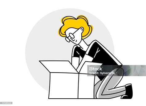 새 아파트로 이사하거나 새 사무실로 이동하는 비즈니스 사람은 물건 새로운 삶의 시작 벡터 개요 그림이 담긴 상자를 들고 포장을 풉니다 사람들에 대한 스톡 벡터 아트 및 기타