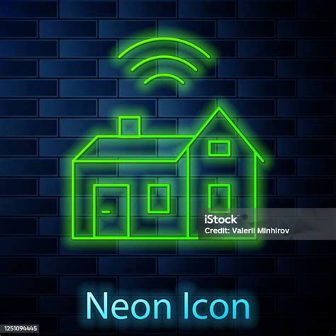 벽돌 벽 배경에 고립 된 무선 아이콘과 빛나는 네온 라인 스마트 홈 원격 제어 무선 연결과 사물 인터넷 개념 벡터 개념에 대한 스톡 벡터 아트 및 기타 이미지 Istock