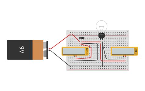 circuit design lampara amperimetro voltimetro tinkercad