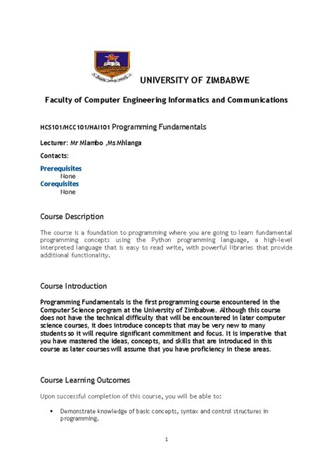 Programming Fundamentals Course Outlines University Of Zimbabwe