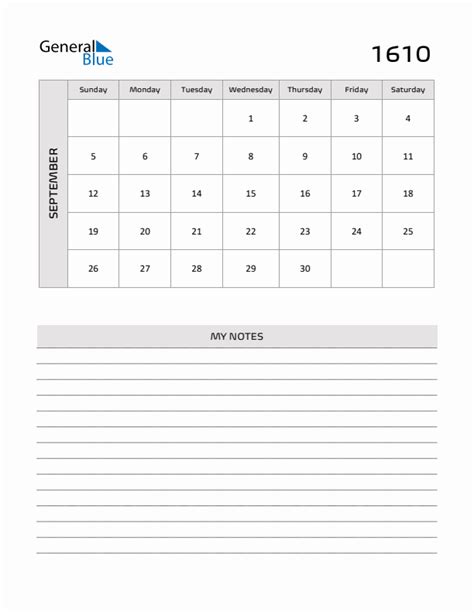 September 1610 Printable Monthly Calendar With Notes