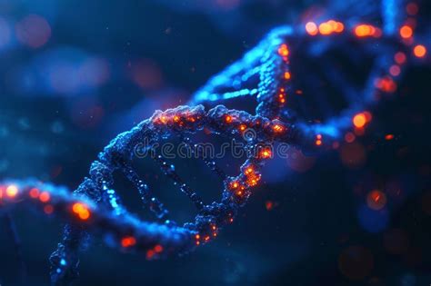 A Digital Art Representation Of A Dna Double Helix Glowing With Fiery Nodes Against A Dark Blue