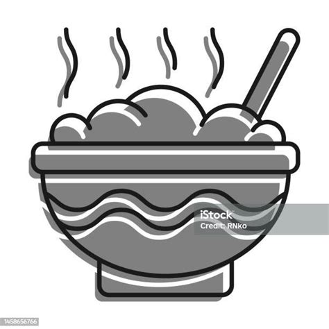 회색 색상 아이콘으로 채워진 선형 뜨거운 죽의 그릇 맛있고 풍성한 점심 간단한 흑백 벡터 흰색 배경에 격리 건강한 생활방식에
