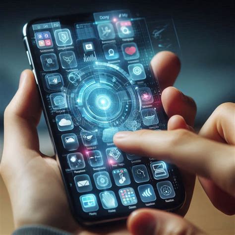 A Person Using A Futuristic Smartphone With A Glowing Interactive Interface Stock Illustration