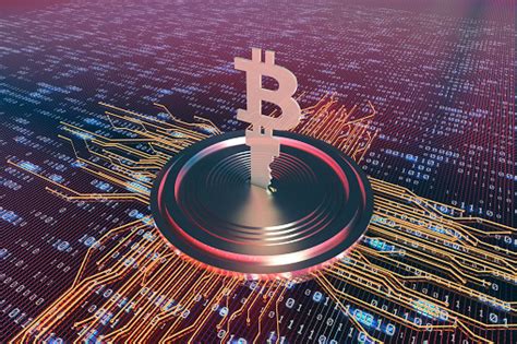 3 차원 일러스트 레이 션 가상 트랜잭션 통화 Bitcoin 인터넷 금융 사이버 경제 회로 보드 및 키 Cpu에 대한 스톡 사진