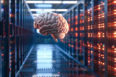 Human Brain Ai Concept Amidst High Tech Server Room At Illuminated Data
