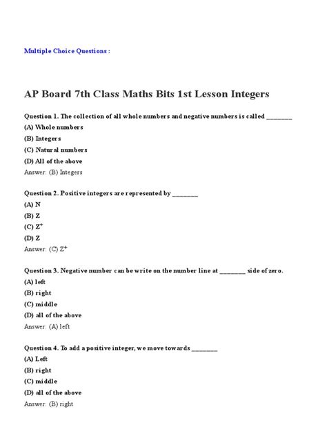 Multiple Choice And Fill In The Blank Questions On Integers And Their