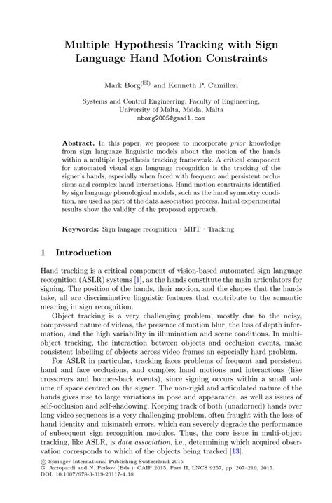 Pdf Multiple Hypothesis Tracking With Sign Language Hand Motion Constraints