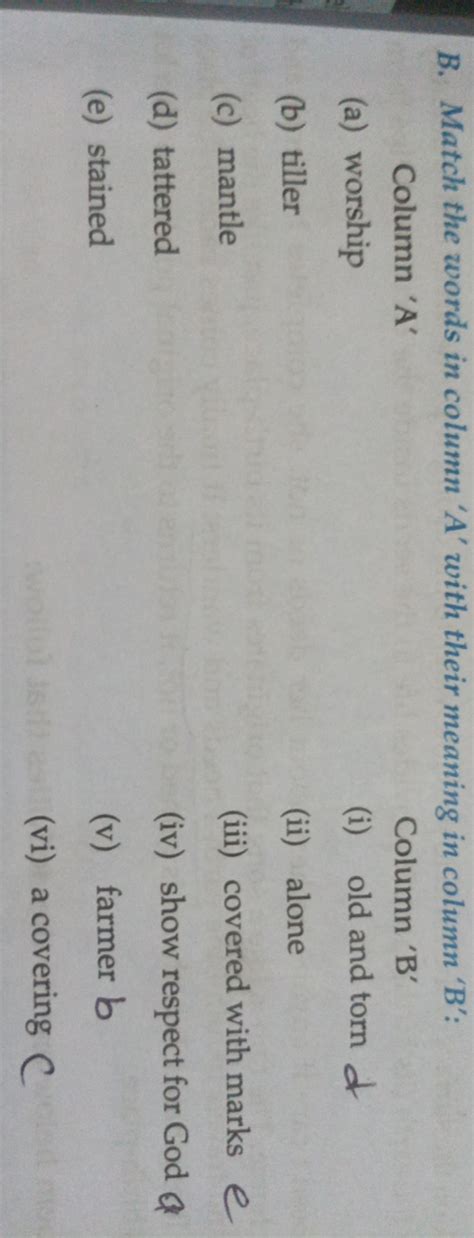 B Match The Words In Column A With Their Meaning In Column B C