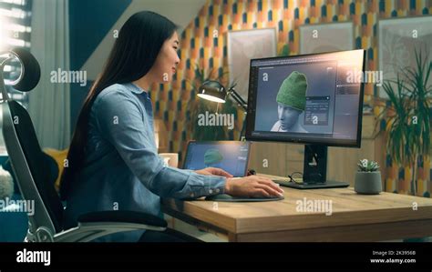 Female Asian 3d Designer Having Remote Work On 3d Modeling And Creating