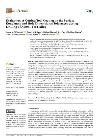 Evaluation Of Cutting Tool Coating On The Surface Roughness And Hole Dimensional Tolerances