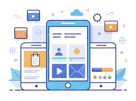 미니멀리즘 디자인의 모바일 와이어프레임 아이디어 다양한 Ui 요소를 보여줍니다 프리미엄 벡터