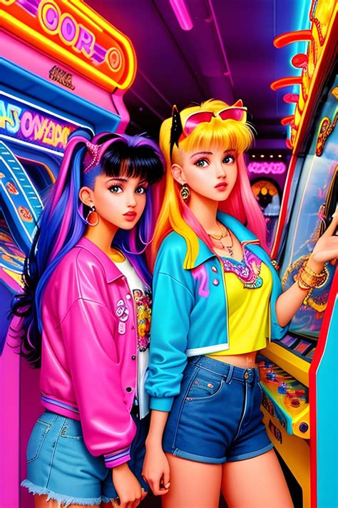 90s Best Friends In A Neon Video Game Arcade Cute Arcade Outfits