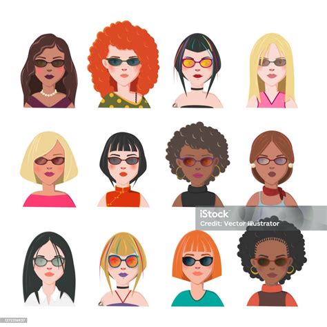여성 아바타 세트 다른 하위 문화와 사회 지층에서 열두 문자 선글라스를 착용한 아름다운 여성 문화의 다양성 벡터 일러스트레이션 금발 머리에 대한 스톡 벡터 아트 및 기타