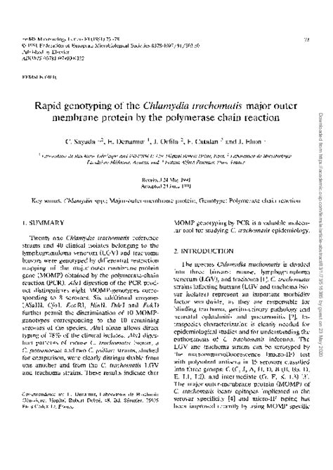 Pdf Rapid Genotyping Of The Chlamydia Trachomatis Major Outer