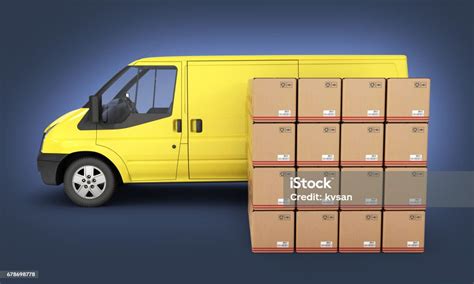 골 판지와 노란색 배달 반 상자 측면 보기 다크 블루 그라데이션에 3d 배경 0명에 대한 스톡 사진 및 기타 이미지 0명 3차원 형태 교통수단 Istock