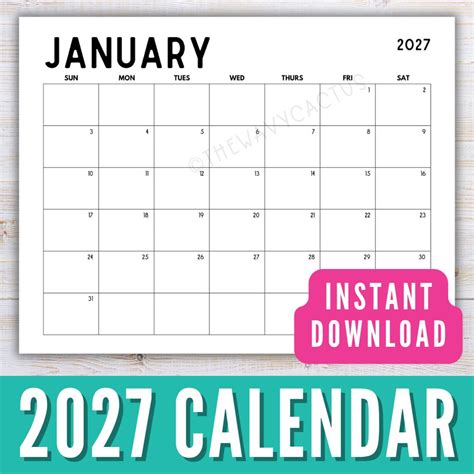 2027 Calendar Printable Monthly Planner Landscape Minimal Monthly