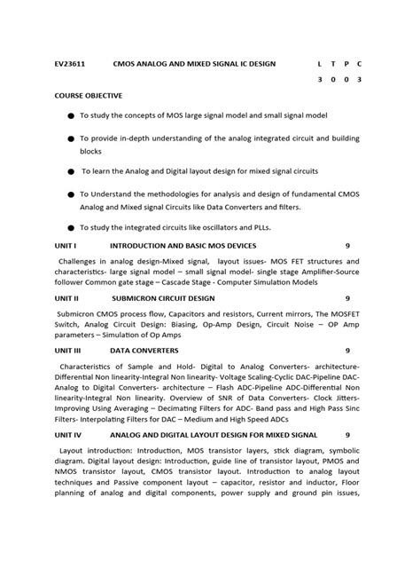 Syllabus Cmos Analog And Mixed Signal Ic Design Cotable Lab Pdf Mixed Signal