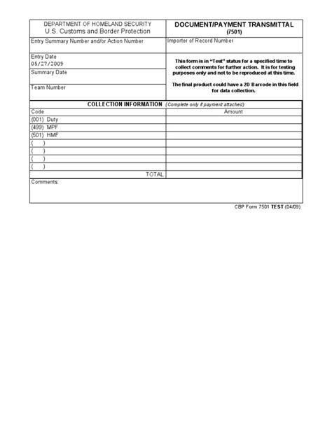 U S Customs Form Cbp Form 7501 Document Payment Transmittal Test Pdf