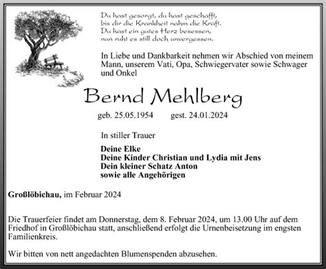 Traueranzeigen Von Bernd Mehlberg Trauer In Thueringen De