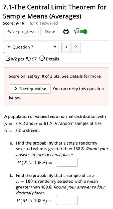 Solved 7 1 The Central Limit Theorem For Sample Means