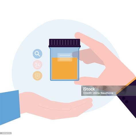 소변 분석 환자는 소변 분석이 포함된 간호사 항아리를 제공합니다 플라스틱 상자에 있는 오줌 표본 유리 시험관의 의료 샘플 실험실