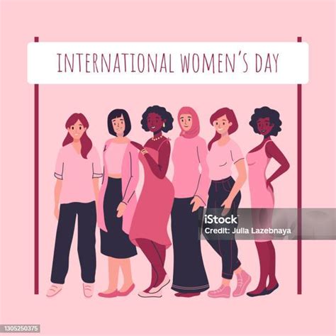 세계 여성의 날 배너 포스터 카드 페미니즘 자유 독립 권한 부여 여성의 권리 평등을 위해 함께 서 있는 다양한 여성들 여성의 우정 자매애 행동주의 낮에 대한 스톡 벡터 아트