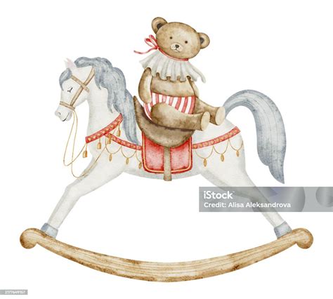 흔들 목마의 테디 베어 앉아 복고풍 빈티지 아기 장난감의 수채화 그림 어린아이 같은 인사말 카드 또는 아이 초대장을 위한 그림 보육원 벽 예술 또는 휴일 엽서를 위한 귀여운