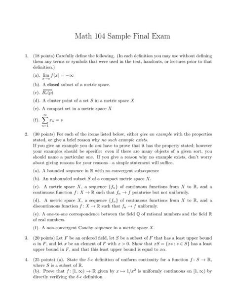 Math 104 Sample Final Exam Bspace