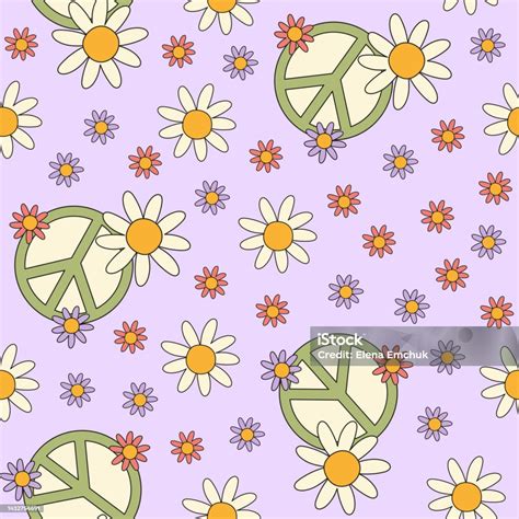 Retro Seamless Pattern Of Colorful Hippie Daisy Flowers And Peace
