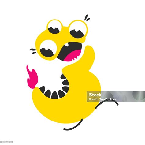 숫자 세 귀여운 노란색 괴물 재미있는 판타지 생물 캐릭터 3 숫자 수학 어린이 만화 스타일 벡터 일러스트레이션을위한 학습 자료 0명에 대한 스톡 벡터 아트 및 기타 이미지