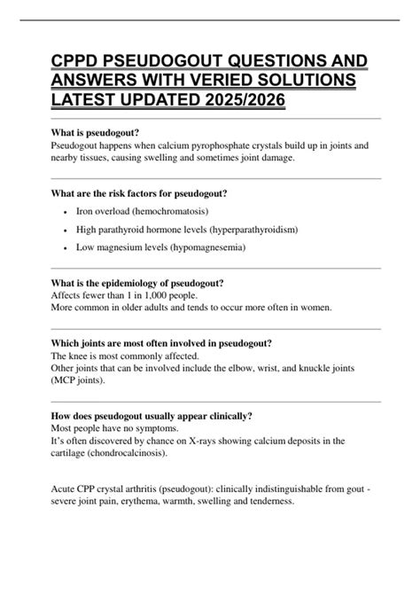 Cppd Pseudogout Questions And Answers With Veried Solutions Latest