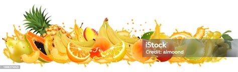 주스 스플래시 파노라마에 과일과 열매 오렌지 파인애플 망고 복숭아 파파야 바나나 배 오렌지 그랩 파인애플 사과 벡터 0명에 대한