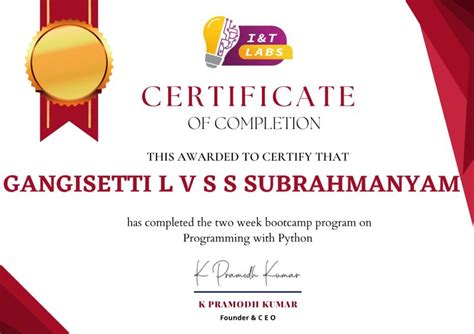Gangisetti L V S S Subrahmanyam On Linkedin Iandtlabs Python Bootcamp Certificate