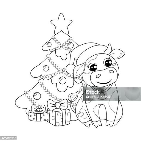 새해 나무와 크리스마스 선물 근처에 앉아 산타 클로스 모자귀여운 만화 소 색칠 공부를 위한 흑백 벡터 일러스트레이션 0명에 대한 스톡 벡터 아트 및 기타 이미지 Istock