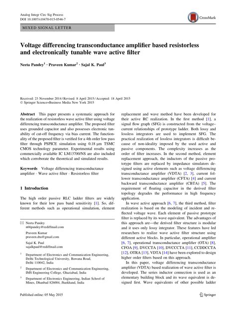 Pdf Voltage Differencing Transconductance Amplifier Based