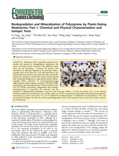 Pdf Biodegradation And Mineralization Of Polystyrene By Plastic Eating Mealworms Part 1