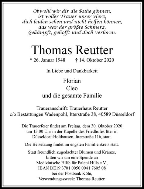 Alle Traueranzeigen Für Thomas Reutter Trauer Rp Online De