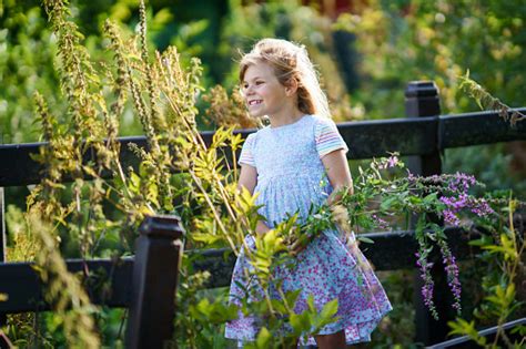 야외에서 야생화를 가진 귀여운 미취학 소녀의 초상화 화창한 여름 저녁에 행복한 재미있는 아이 4 5세에 대한 스톡 사진 및 기타