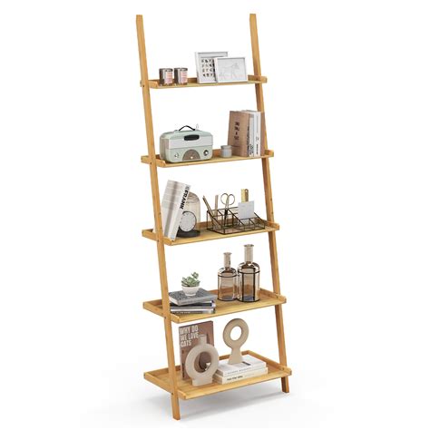 Gymax 5 Tier Bamboo Ladder Shelf Wall Leaning Bookshelf Display