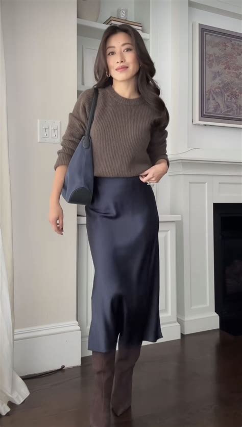 Jean Wang Extra Petite Blog Navy Silk Skirt Outfit Winter Brown