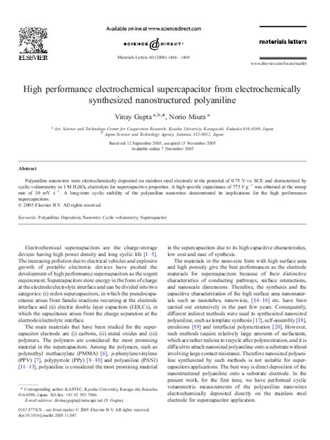 Pdf High Performance Electrochemical Supercapacitor From Electrochemically Synthesized