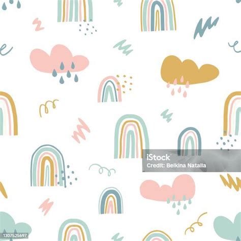 어린이 어린이를위한 손으로 그린 무지개와 구름과 원활한 벡터 패턴 구름에 대한 스톡 벡터 아트 및 기타 이미지 구름 만화 수집 Istock