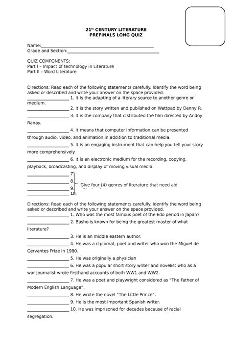 21st Prefinals Long Quiz 21 St Century Literature Prefinals Long Quiz