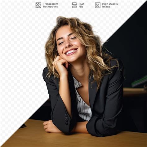 Premium Psd A Woman With A Smile On Her Face Sits At A Table With A