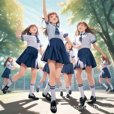 Schoolgirls Dancing Outdoors Joyful Movement In Uniforms Ai Art Generator