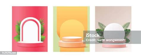 쇼케이스 녹색 배경을위한 3d 기하학적 연단 모형 잎 열대 자연 개념 설정 추상 최소 장면 제품 프리젠 테이션 0명에 대한 스톡 벡터 아트 및 기타 이미지 Istock
