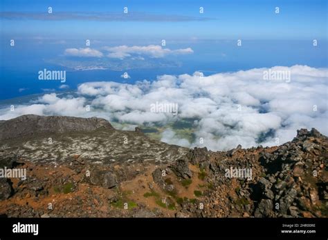 Panorama Landscape From The Top Of Pico Volcano At Hiking At Azores Pico Island Portugal Stock